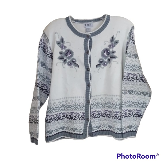 Koret | Sweaters | Vintage Koret Cream Silver Floral Rose Embroidered ...